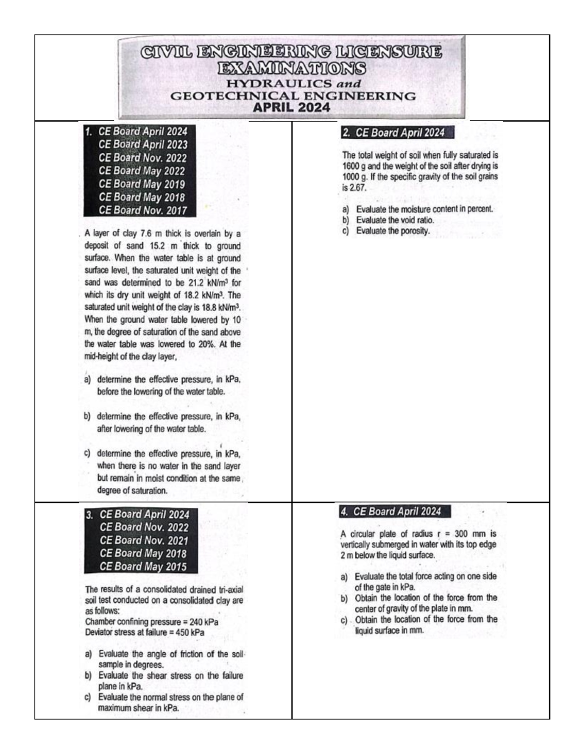 CIVIL ENG. LICENSURE EXAM APRIL 2024: HYDRAULICS & GEOTECH. Qs - Studocu