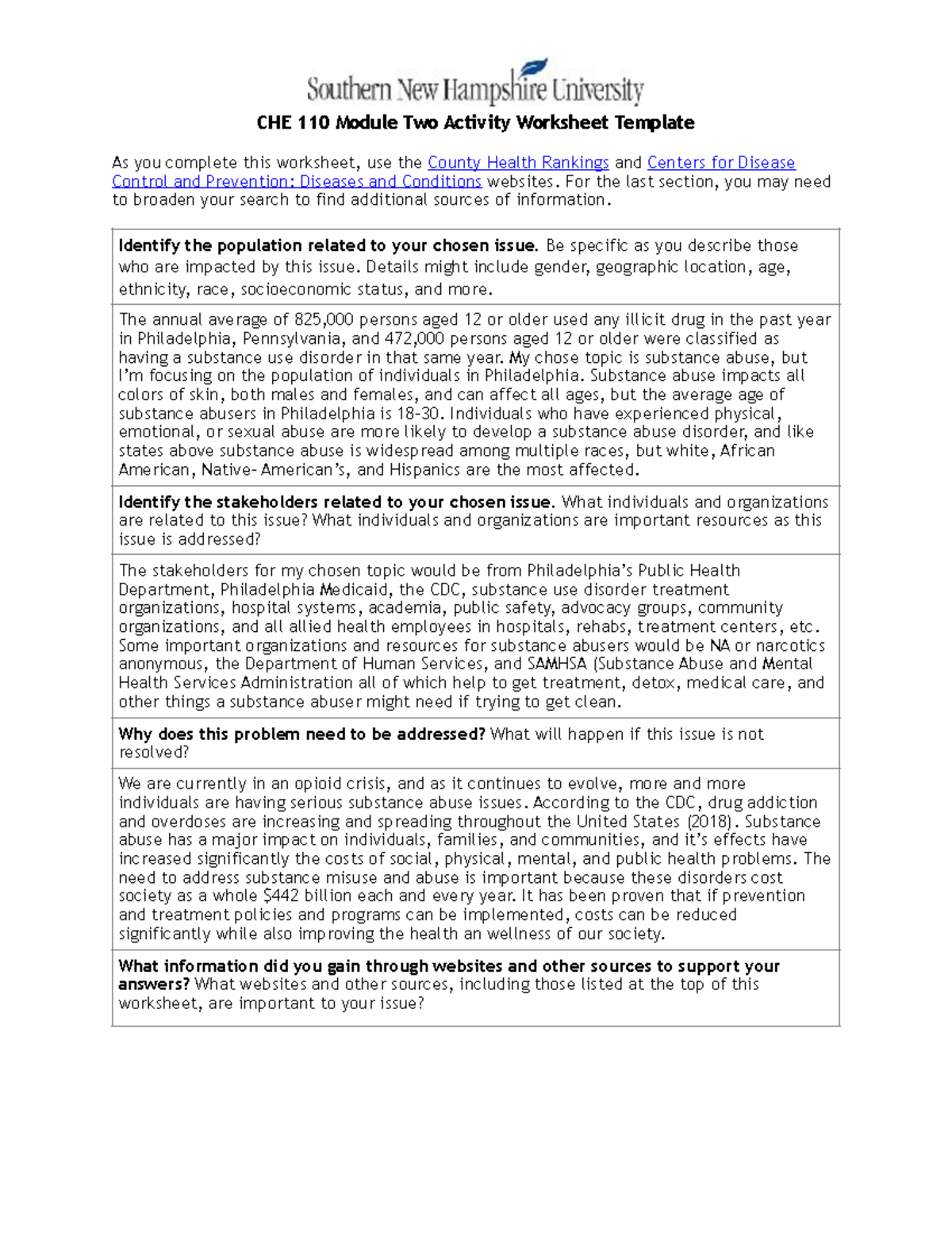 CHE 110 Module Two Substance Abuse Worksheet Analysis - Studocu