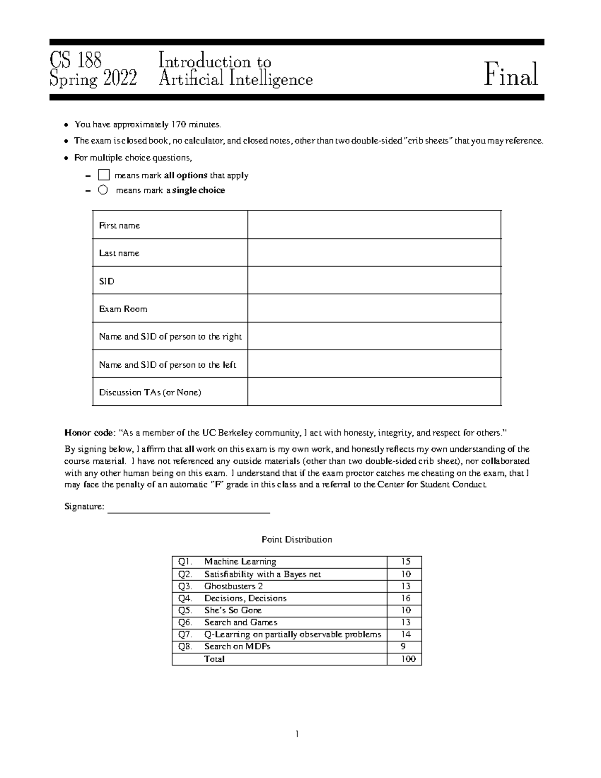CS188 SP22 Final Exam: AI Concepts and Problem Solving - Studocu
