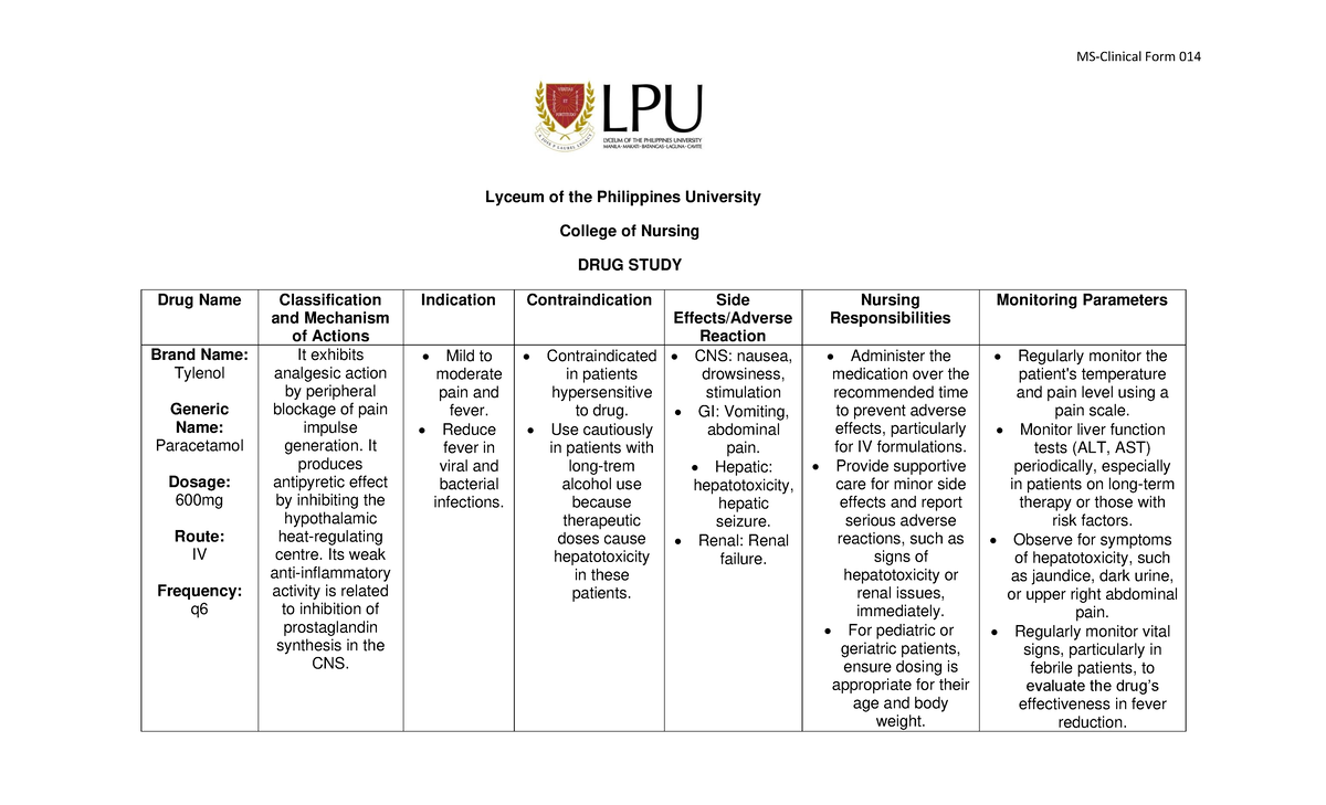 Paracetamol (Tylenol) - Clinical Drug Study & Nursing Guidelines - Studocu