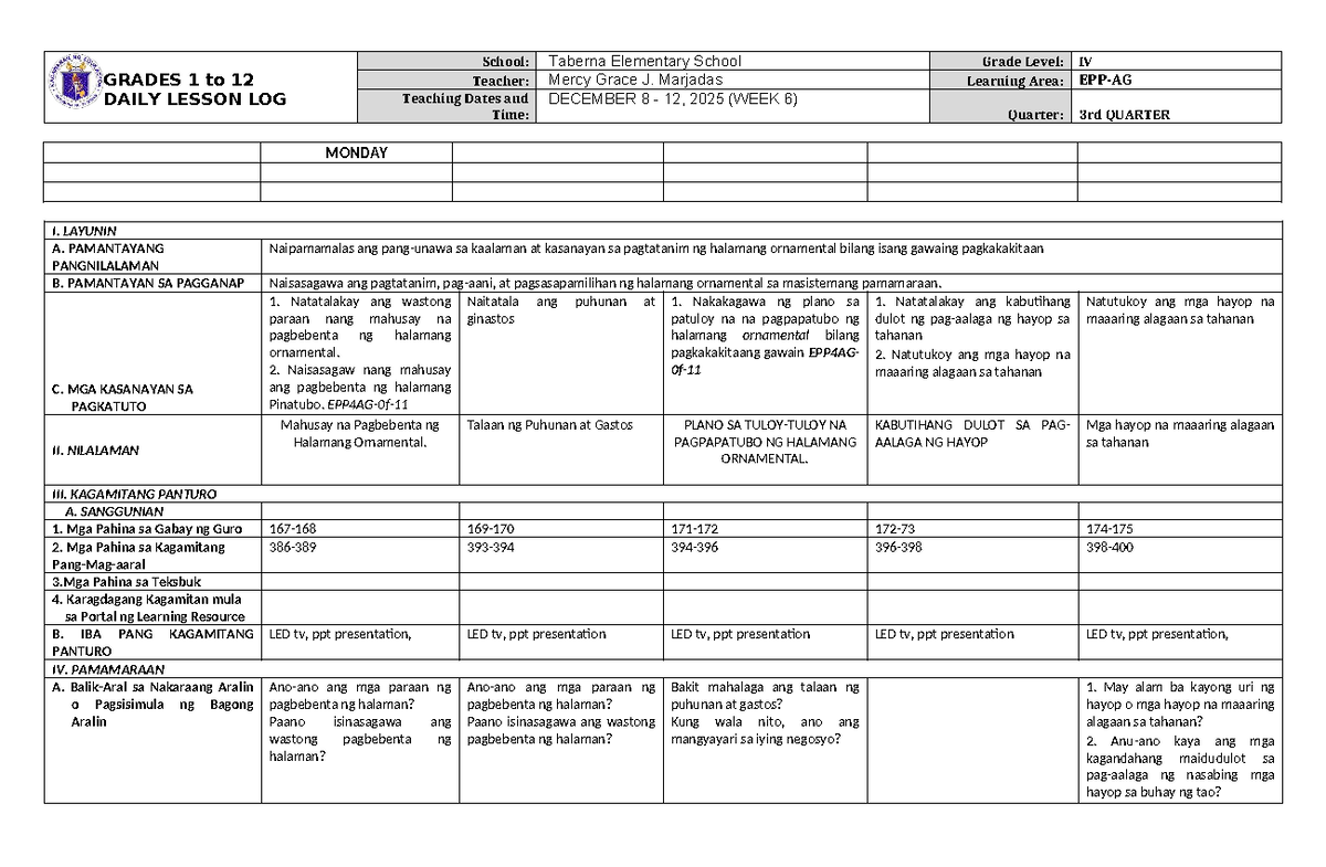 DLL EPP-AG 4 Q1 W6 - Daily Lesson Log for Grades 1-12 - Studocu