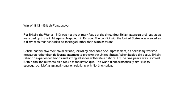War of 1812: British Perspective on North American Relations - Studocu
