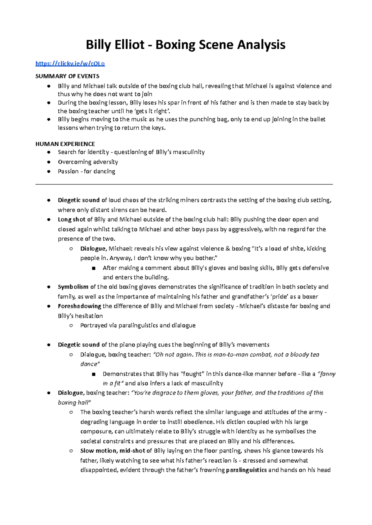 Billy Elliot - Analysis of Boxing Scene and Gender Identity - Studocu