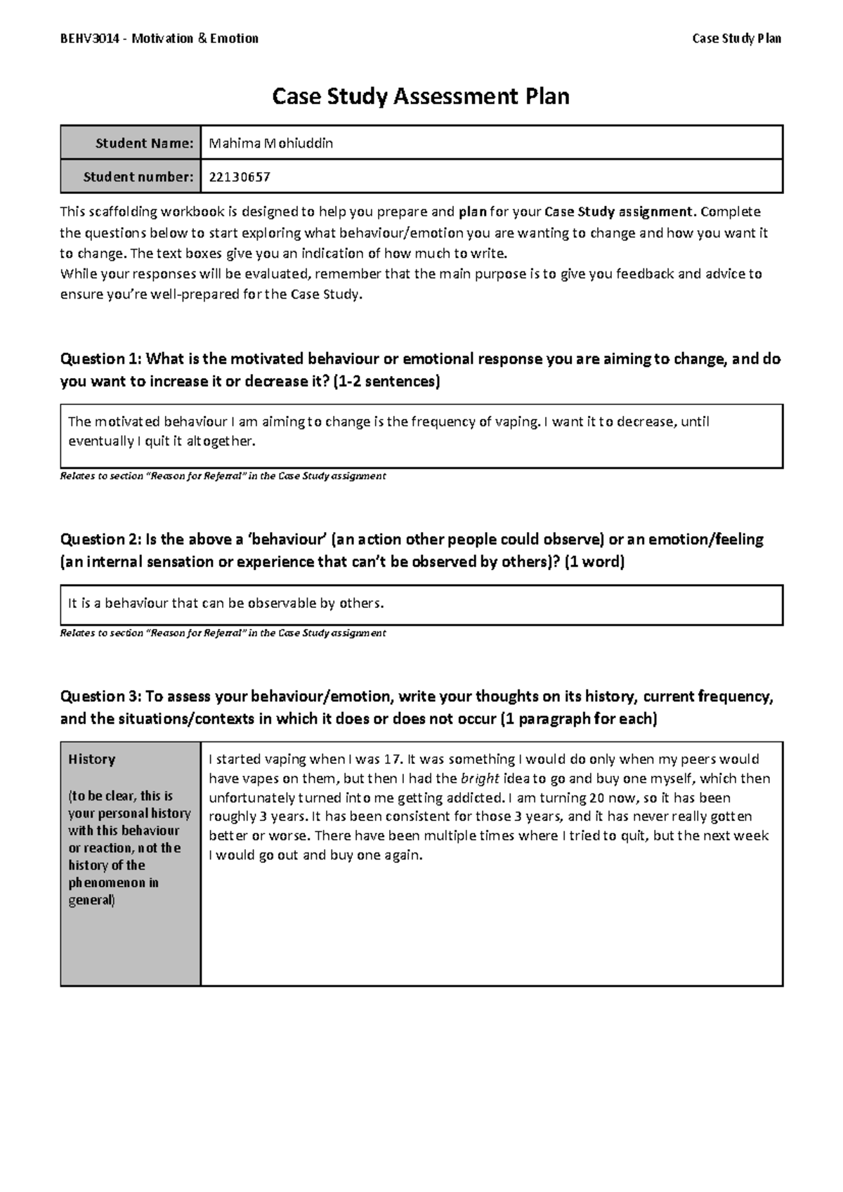 BEHV3014 Motivation & Emotion Case Study Assessment Plan - Studocu