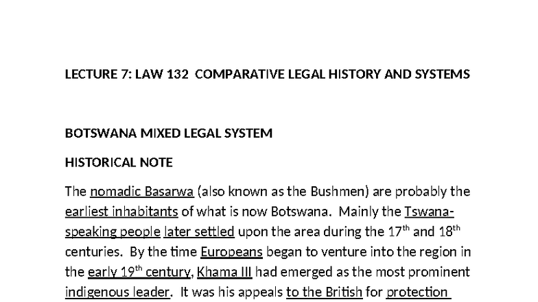LECTURE 7: LAW 132 COMPARATIVE LEGAL HISTORY IN BOTSWANA - Studocu
