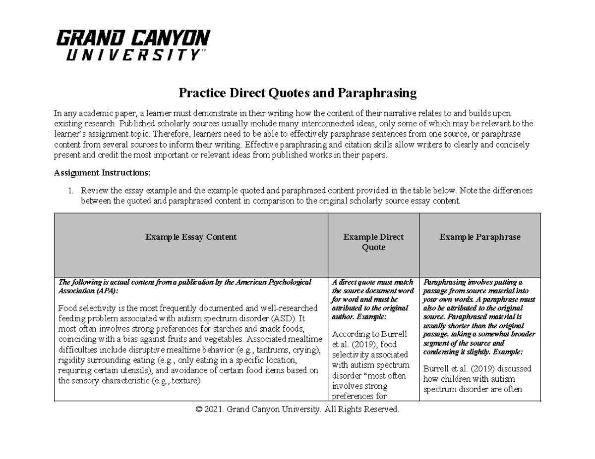 UNV 506 RS T2 Practice: Direct Quotes and Paraphrasing Techniques - Studocu