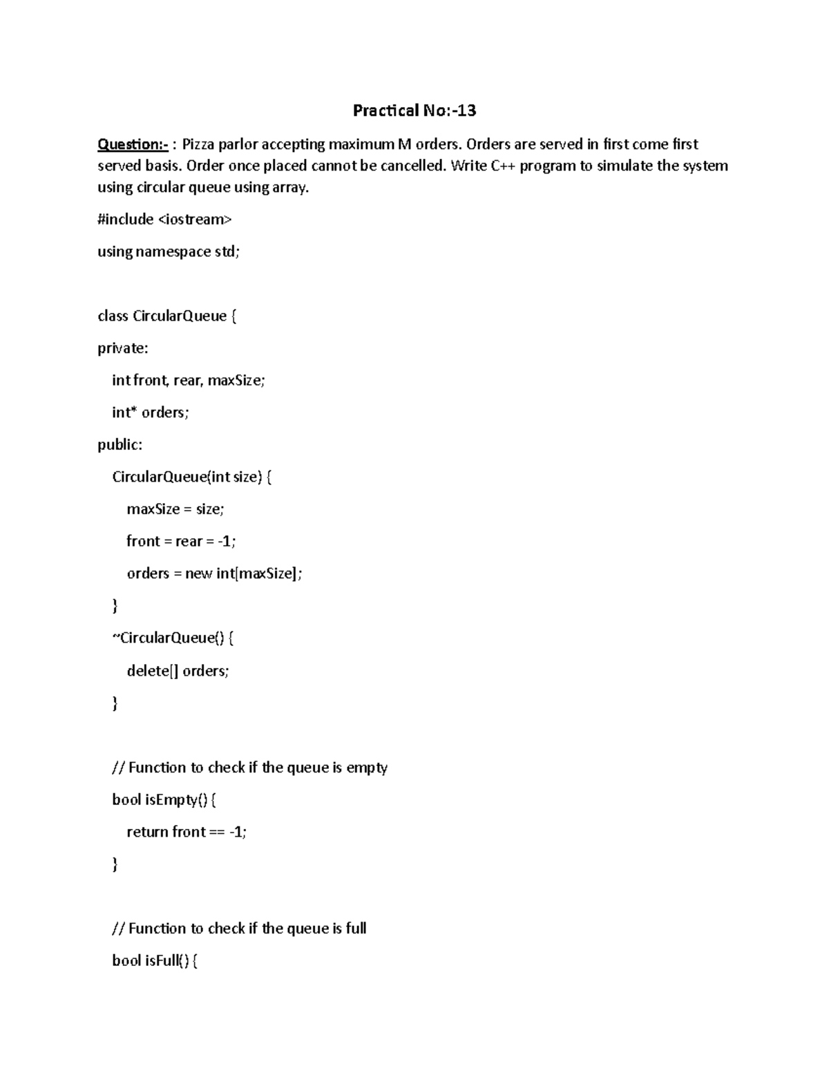 C++ Practical No 13: Circular Queue Simulation for Pizza Orders - Studocu