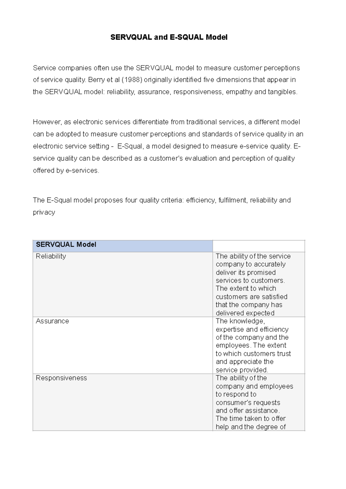 SERVQUAL and E-SQUAL Models: Evaluating Service Quality Metrics - Studocu