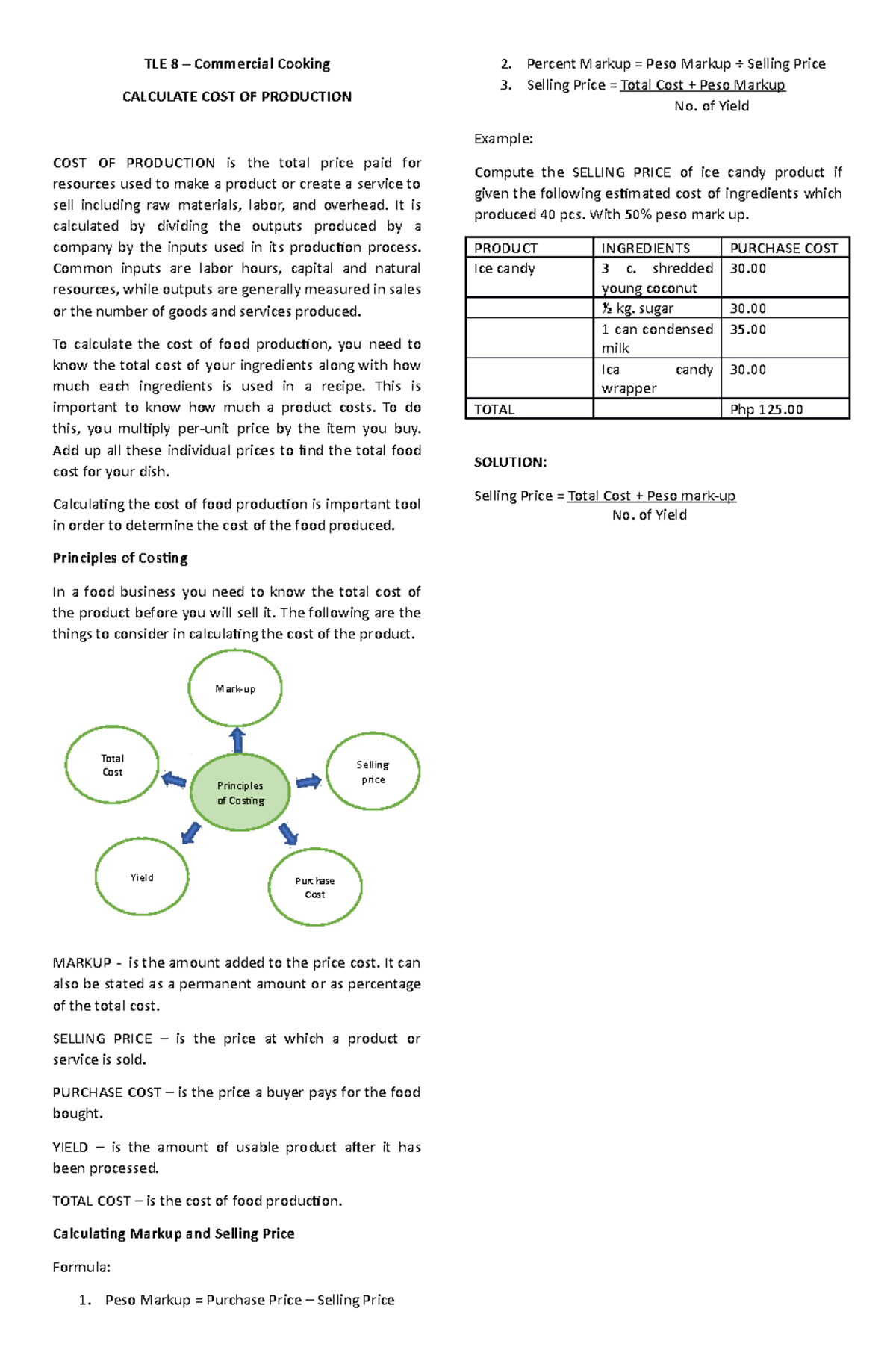 TLE 8 - Cost of Production Calculation in Commercial Cooking - Studocu