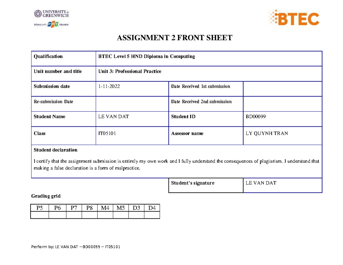 LE VAN DAT - BD00099-IT05101-ASM2-Profestional Practice - ASSIGNMENT 2 ...