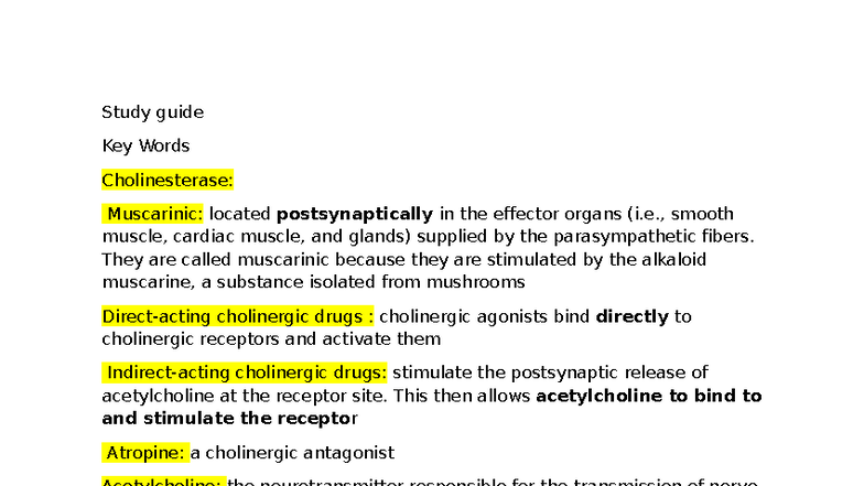 Chapter 20 Pharm Notes: Cholinergic Drugs & Their Effects - Studocu