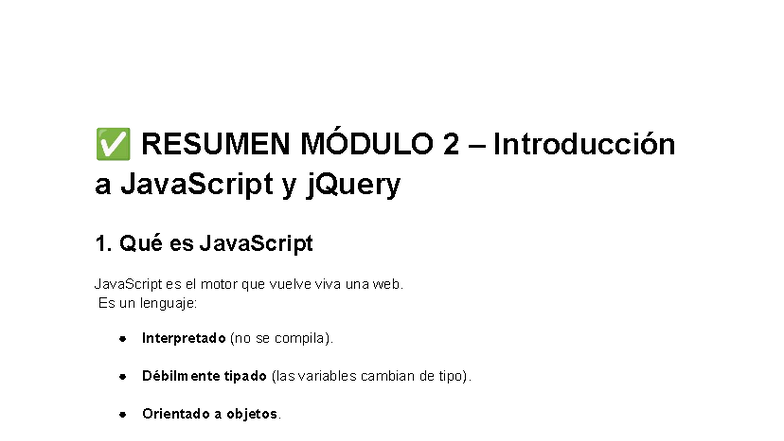 Resumen Módulo 2: Introducción a JavaScript y jQuery - Studocu