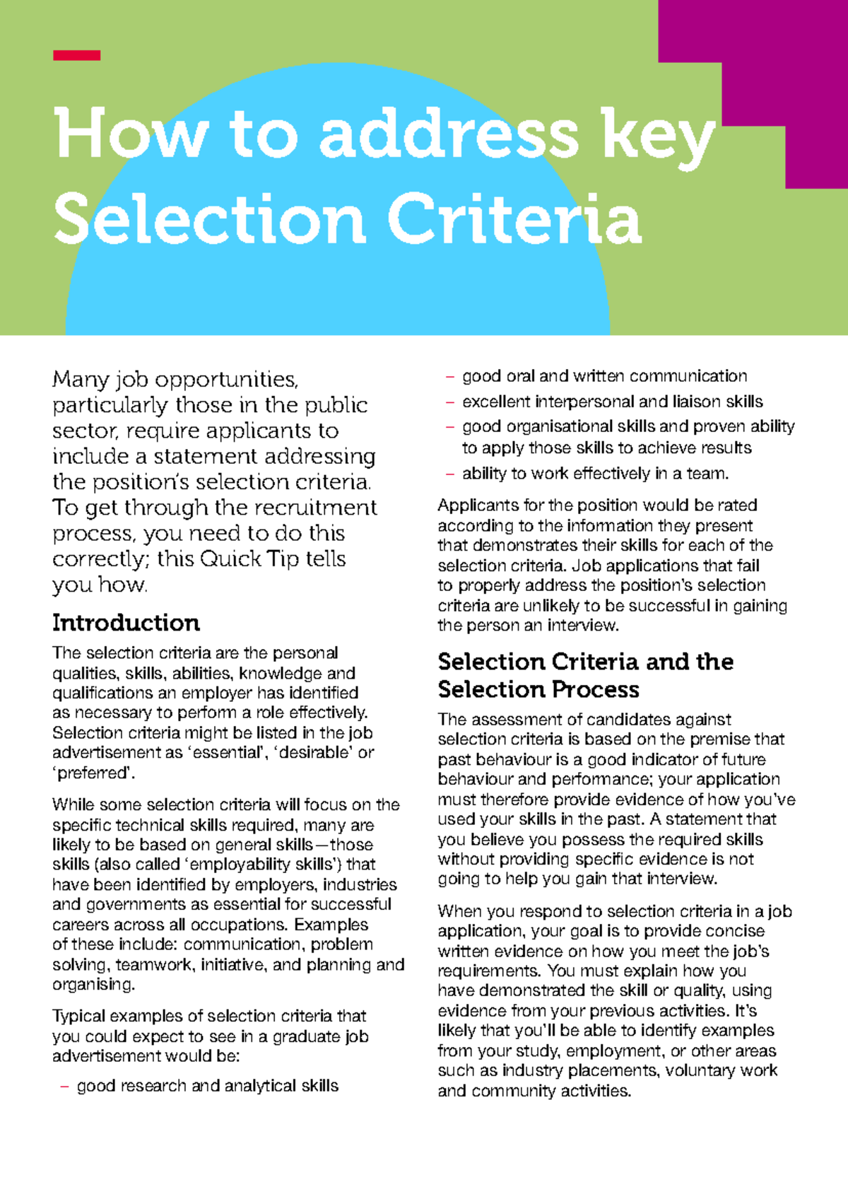 Careers: Addressing Key Selection Criteria for Job Applications - Studocu