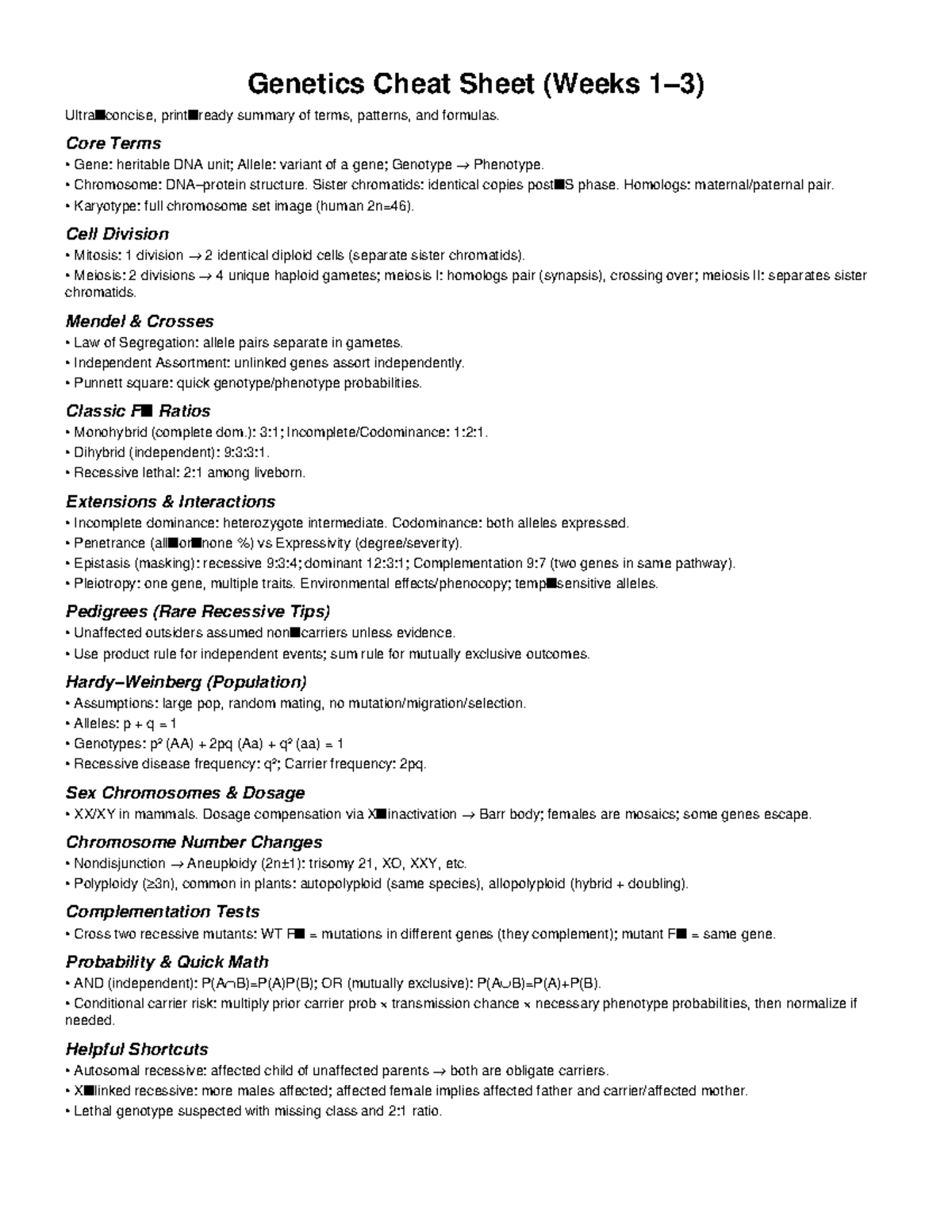 Genetics 101: Weeks 1-3 Cheat Sheet on Key Terms & Concepts - Studocu