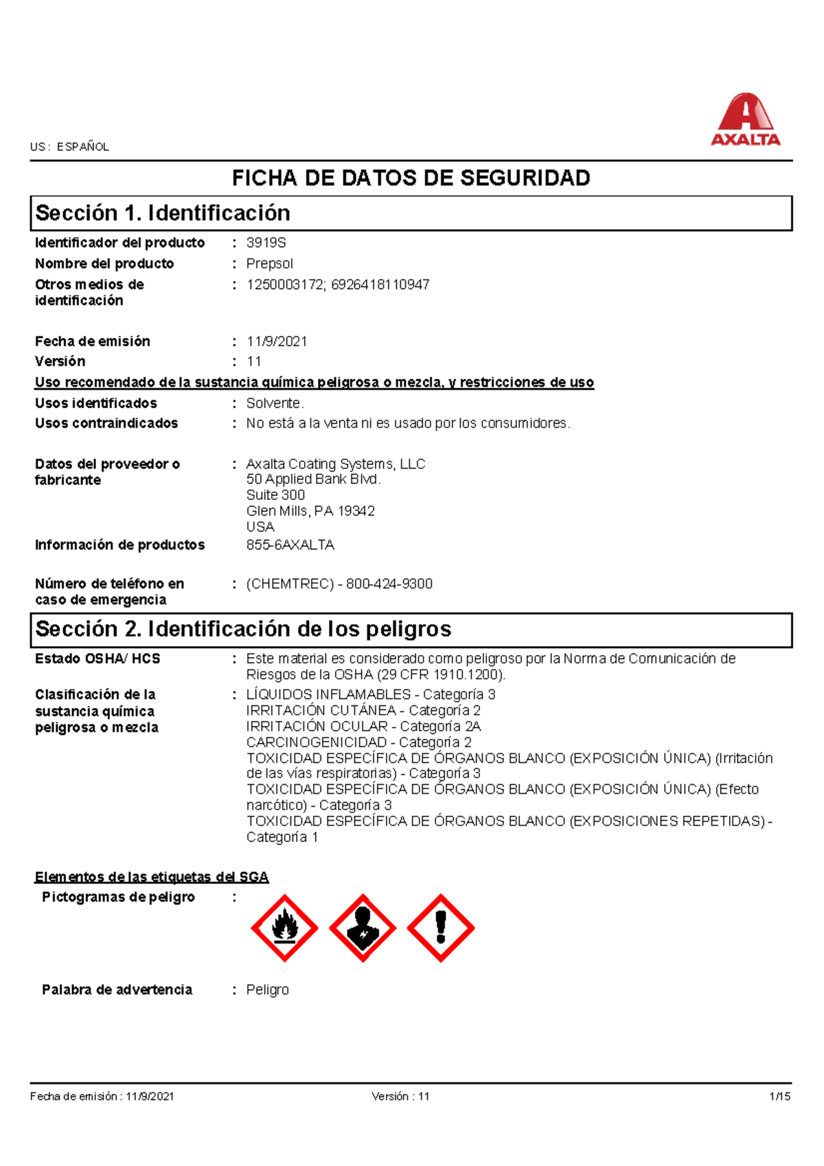 FICHA DE DATOS DE SEGURIDAD - Prepsol 1250003172; 3919S - Studocu