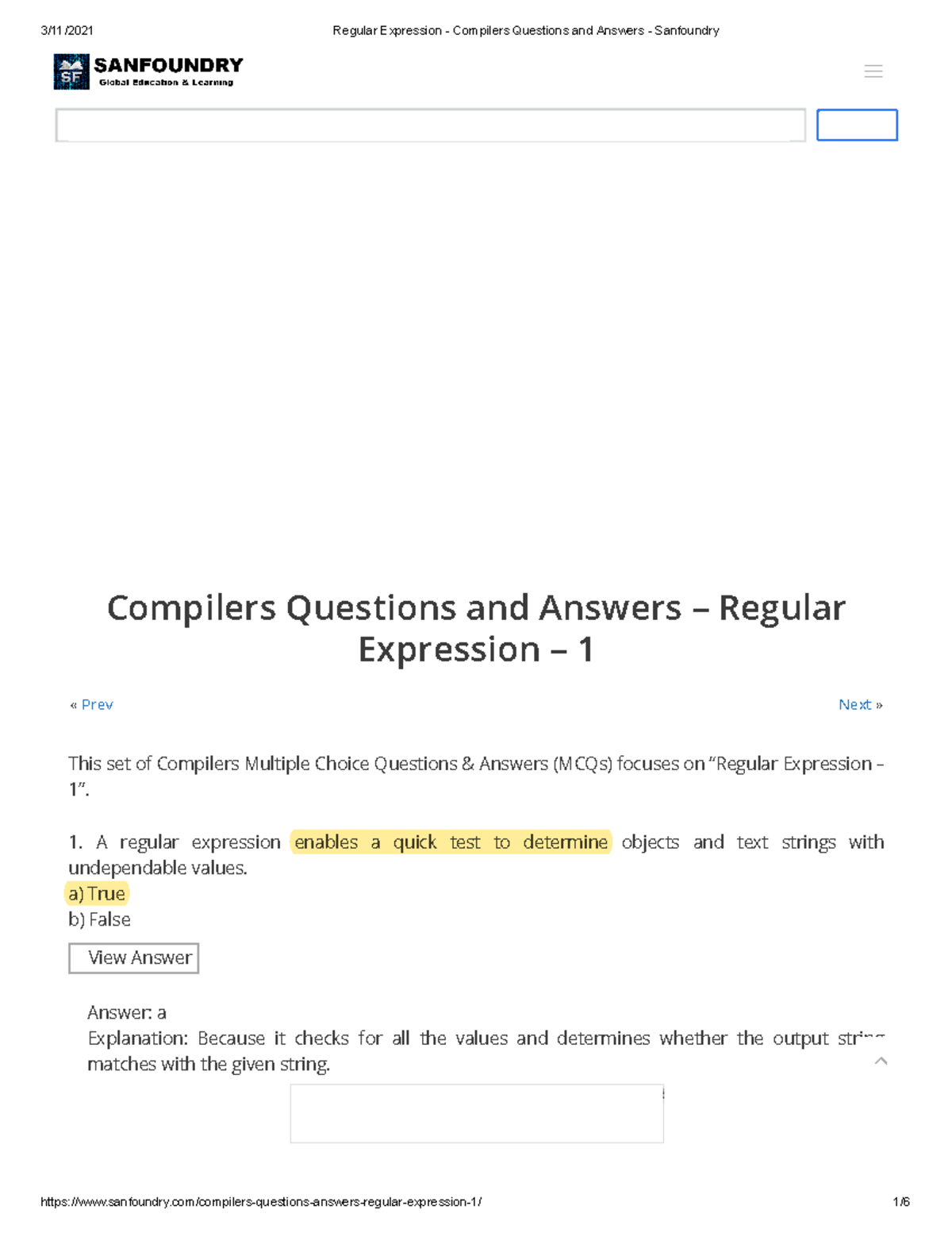 Regular Expression - Compilers Questions and Answers - Sanfoundry ...