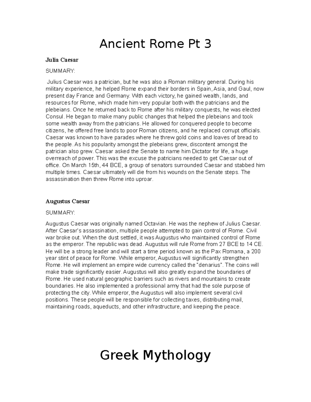 Ancient Rome Pt 3 - Julius Caesar and Augustus Caesar Lecture Notes ...