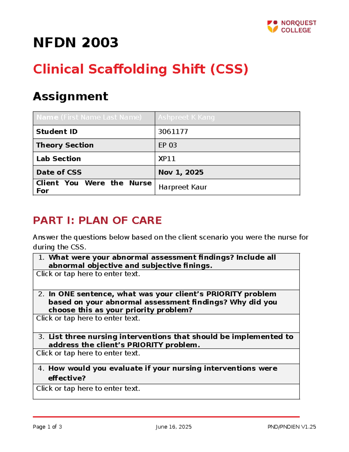 NFDN 2003 Clinical Scaffolding Shift (CSS) Assignment Guide V1.25 - Studocu