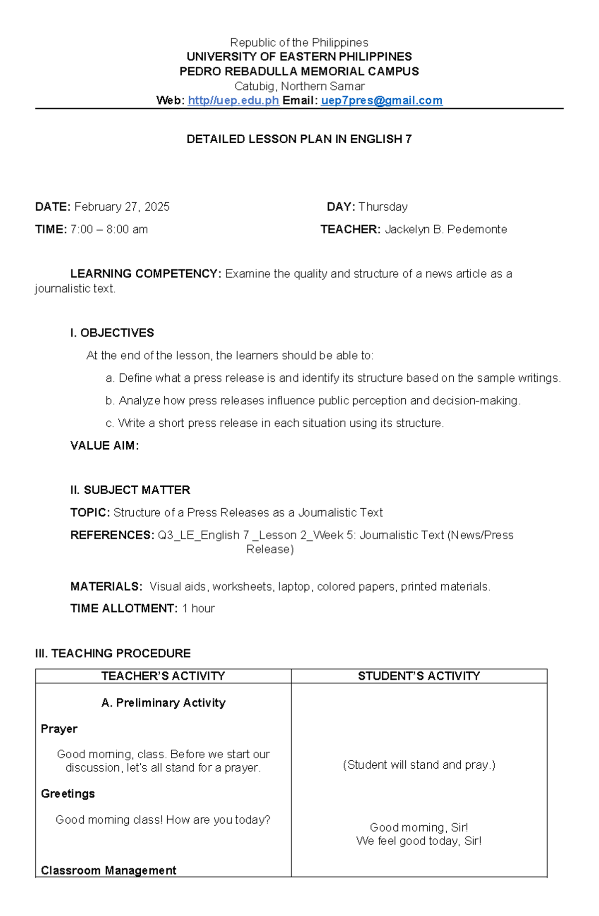 G7 LP Final 012333: Detailed Lesson Plan on Press Release Structure ...