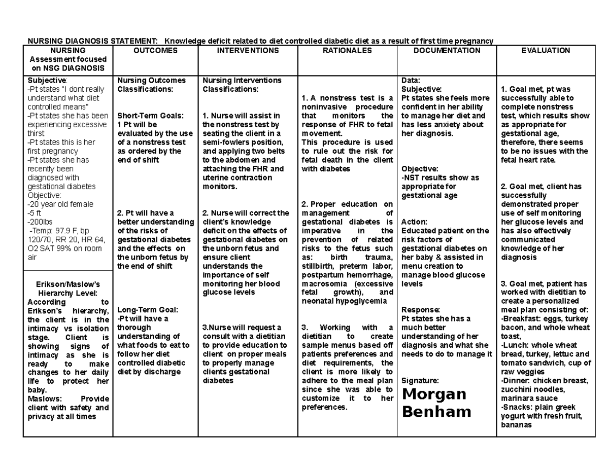 OB Care Plan 2 - Maternity/OB care plan - NURSING DIAGNOSIS STATEMENT ...