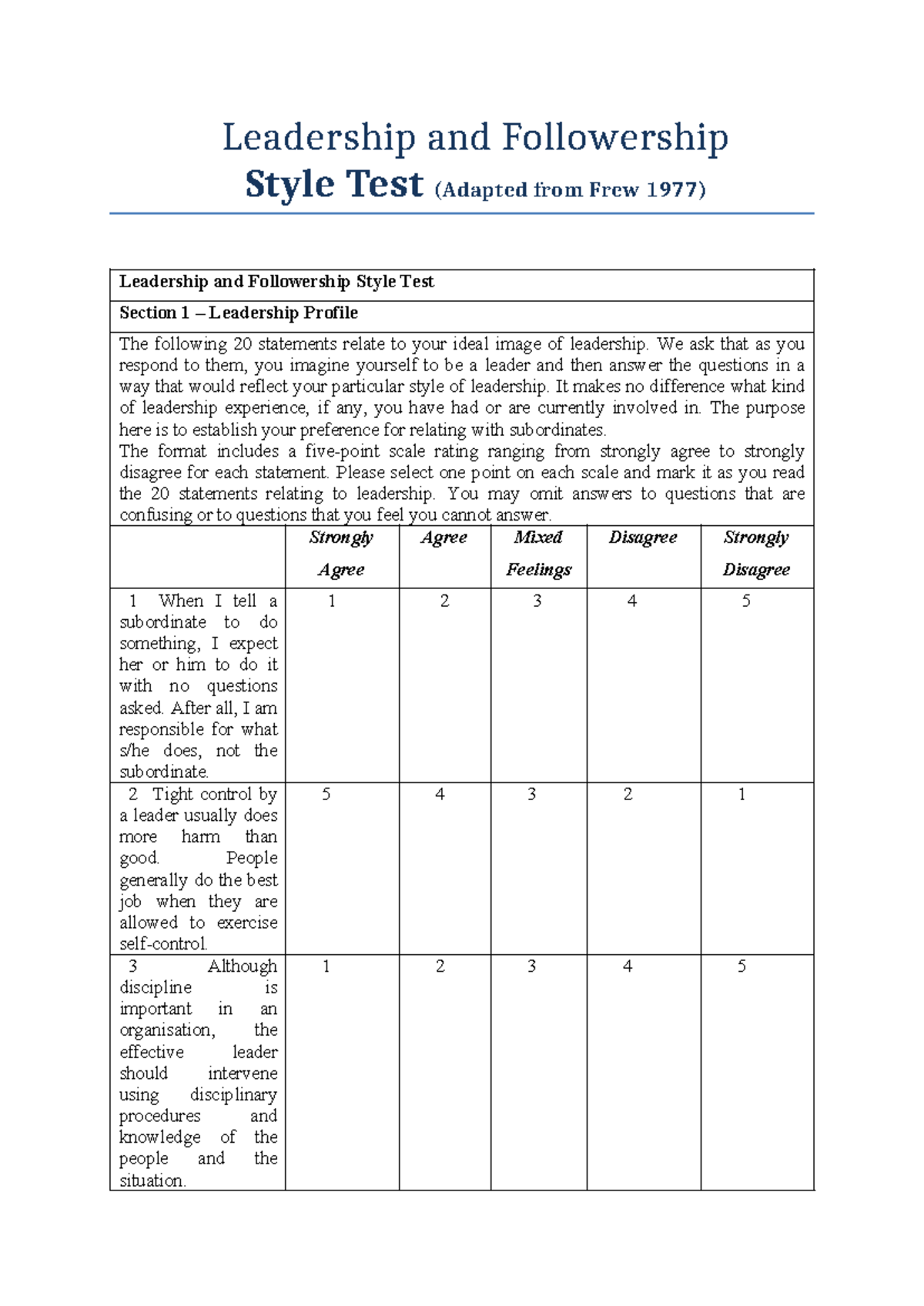 Leadership and Followership Style Test - Assessment Overview - Studocu