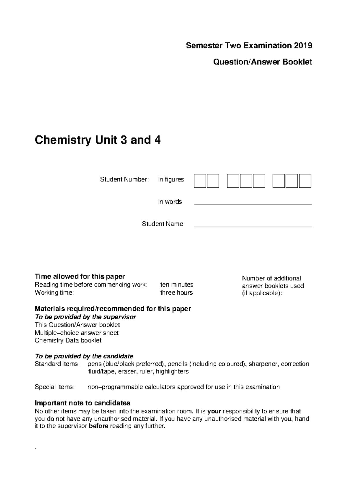 2019 Semester 2 Chemistry 12 Final Exam Booklet - Studocu