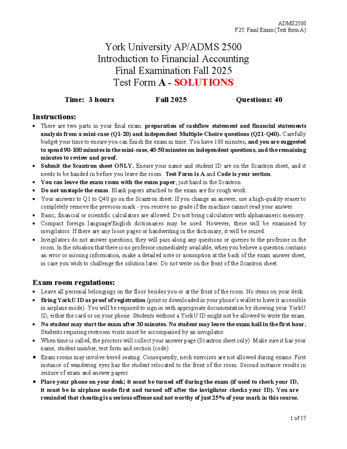 ADMS2500 F25: Final Exam Solutions (Test Form A) - Fall 2025 - Studocu