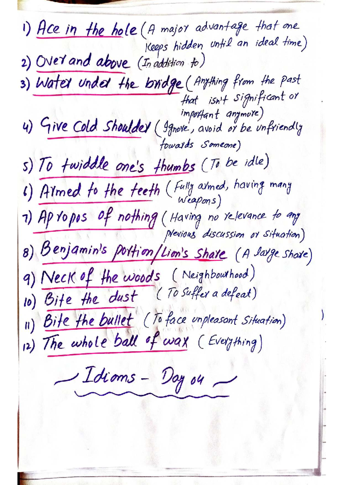 Idiom Study Notes - Day 4 (Idioms & Their Meanings) - Studocu