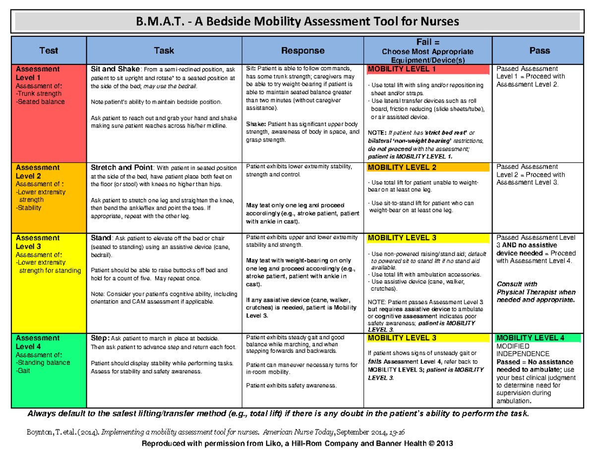 BMAT: Bedside Mobility Assessment Tool for Nurses - Assessment Levels ...