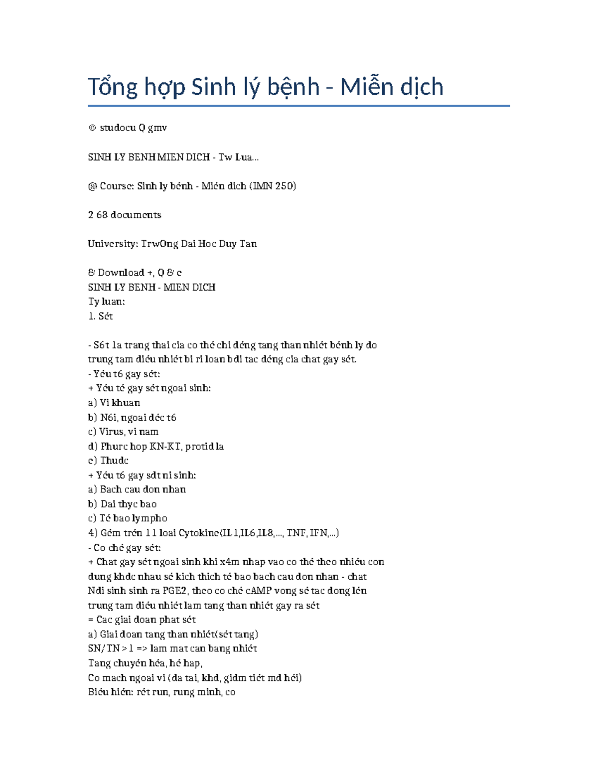Tổng hợp Sinh lý bệnh Miễn dịch (IMN 250) - Tài liệu học tập - Studocu