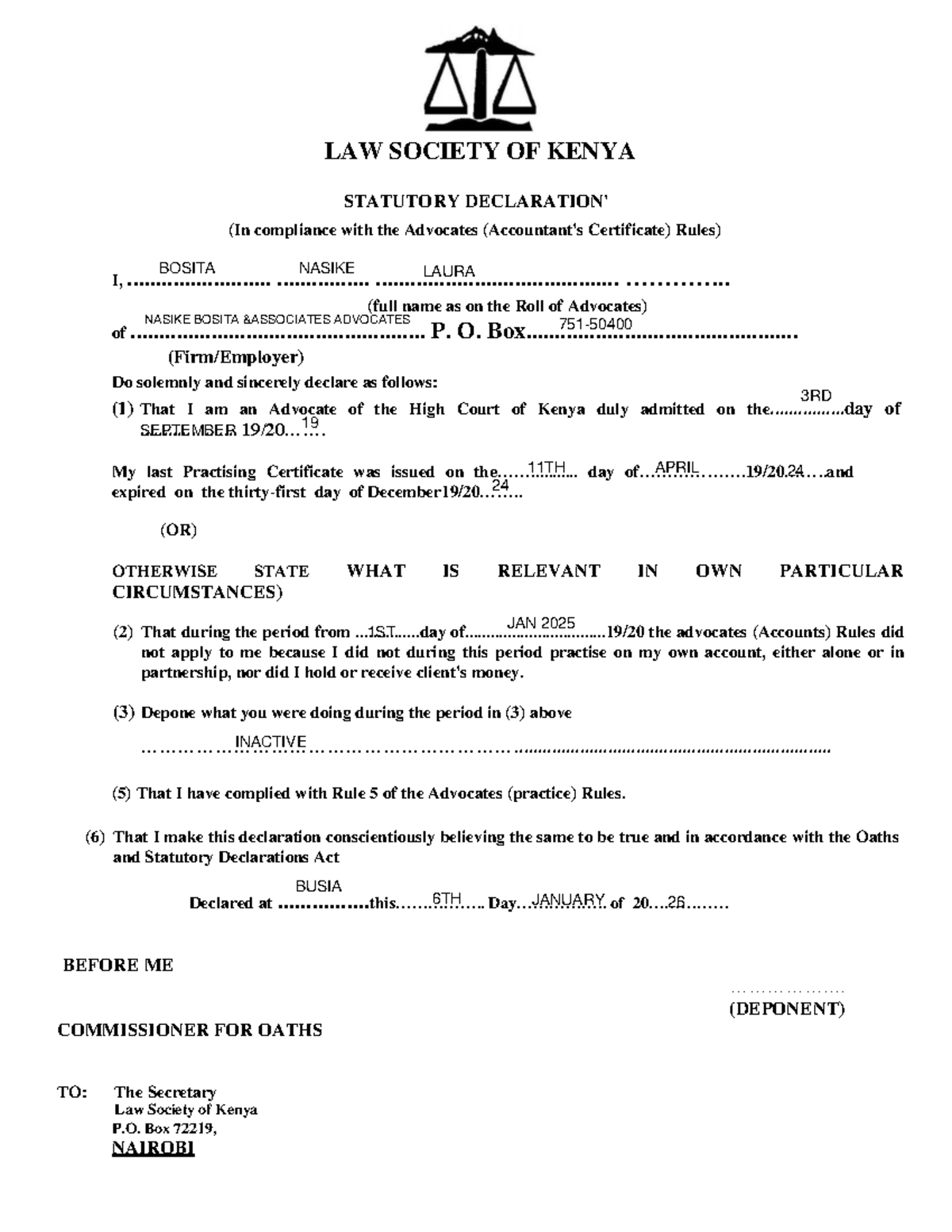 Statutory Declaration Form 2026 for Advocates - LAW SOCIETY OF KENYA ...