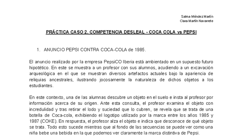 Análisis de Competencia Desleal: Coca Cola vs Pepsi (Caso 2) - Studocu