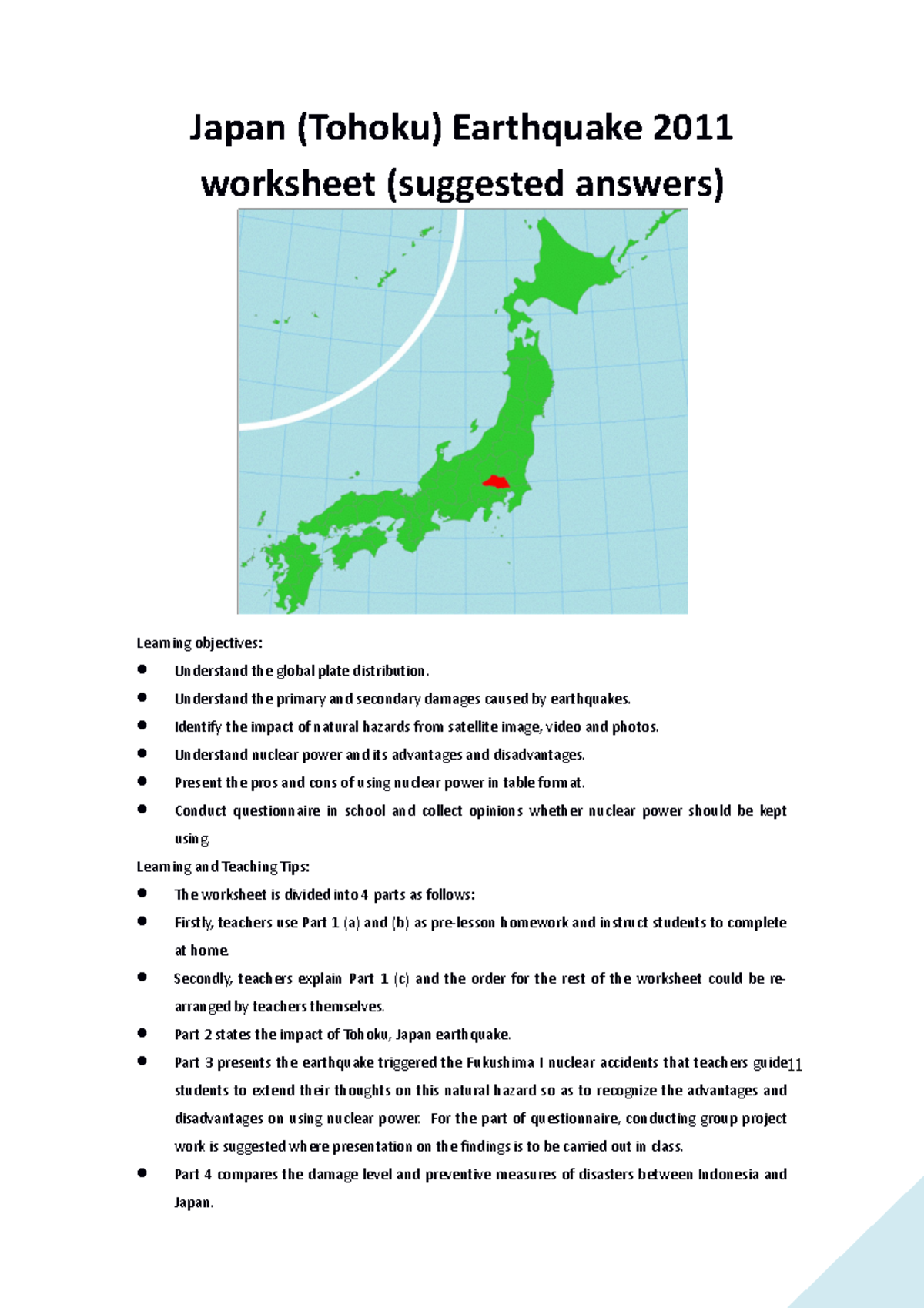 Tohoku, Japan Earthquake Worksheet - Suggested Answers (2011) - Studocu