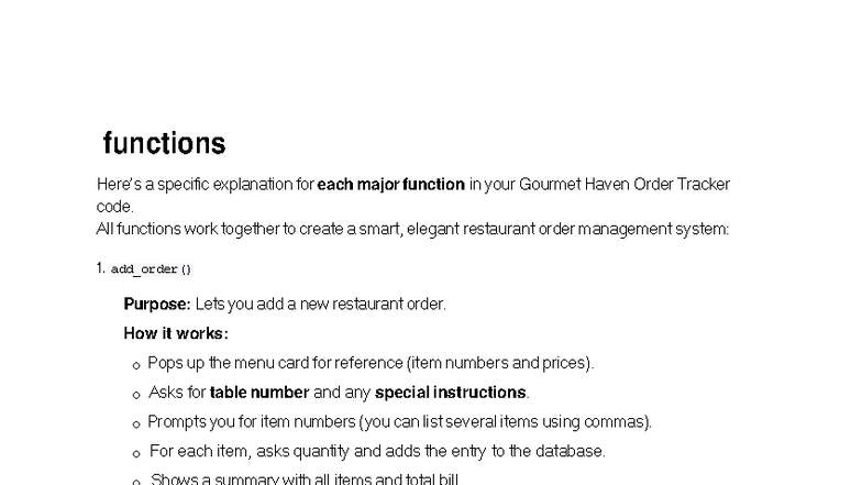 Functions - Code Summaries for Gourmet Haven Order Tracker - Studocu