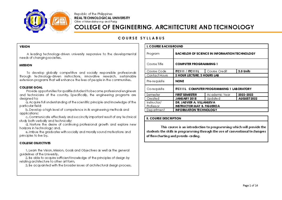 ITC111 Computer Programming 1 - C O U R S E S Y L L A B U S I. COURSE ...
