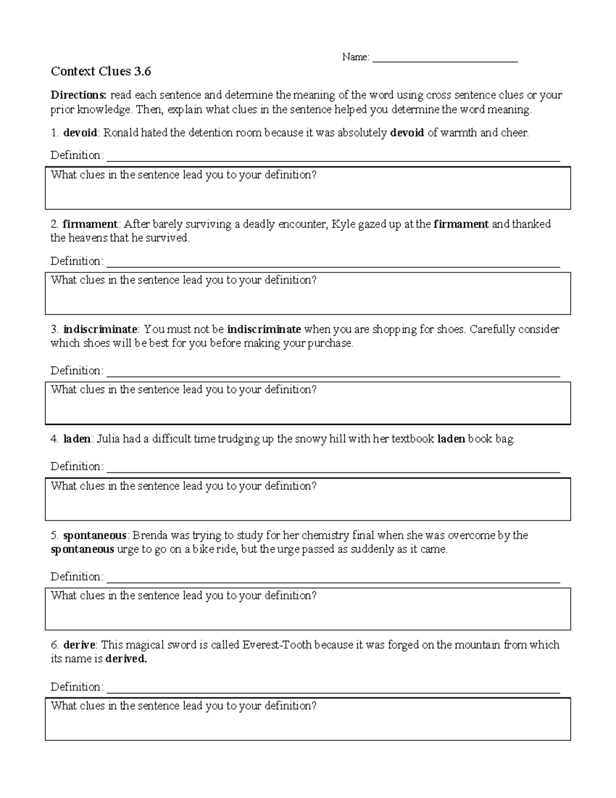 Context Clues Practice: Vocabulary Analysis and Definitions - Studocu