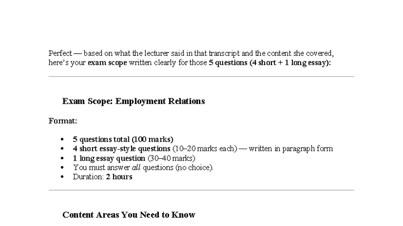 Employment Relations Exam Scope: 5 Questions Overview (100 Marks) - Studocu