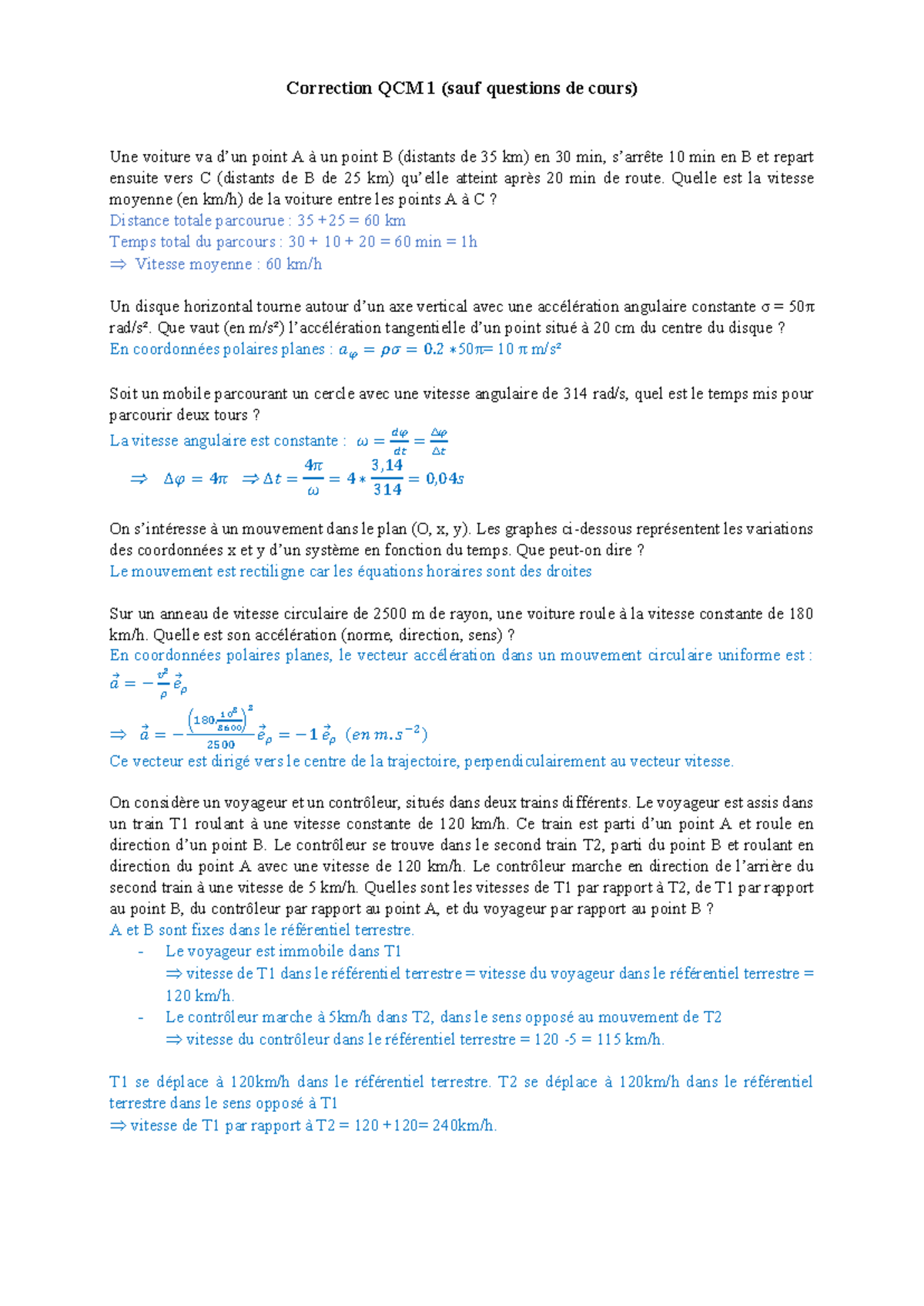 Correction QCM 1 - Solutions de Mécanique et Vitesse - Studocu