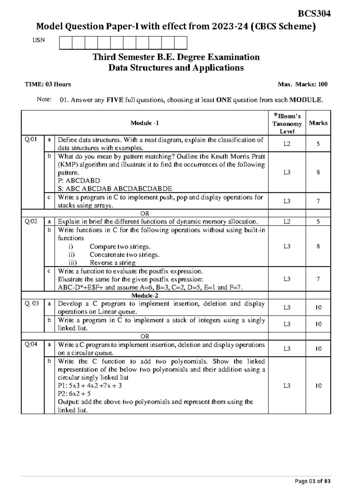 **Title: DSA 3rd Sem: Model Question Paper-I 2023-24 (Data Structures)** - Studocu