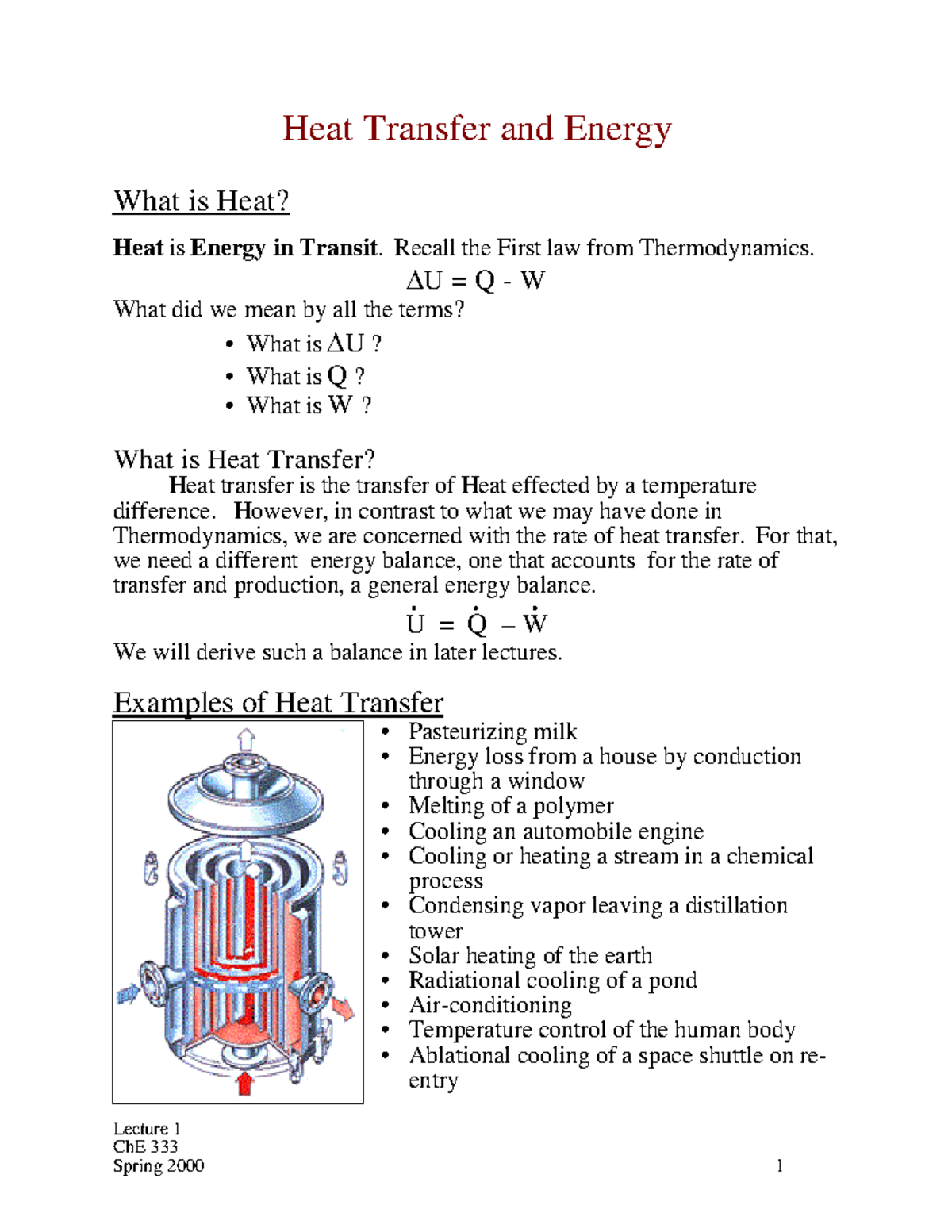 ChE 333 Heat Transfer Lecture 1 Notes: Energy & Conduction Concepts ...