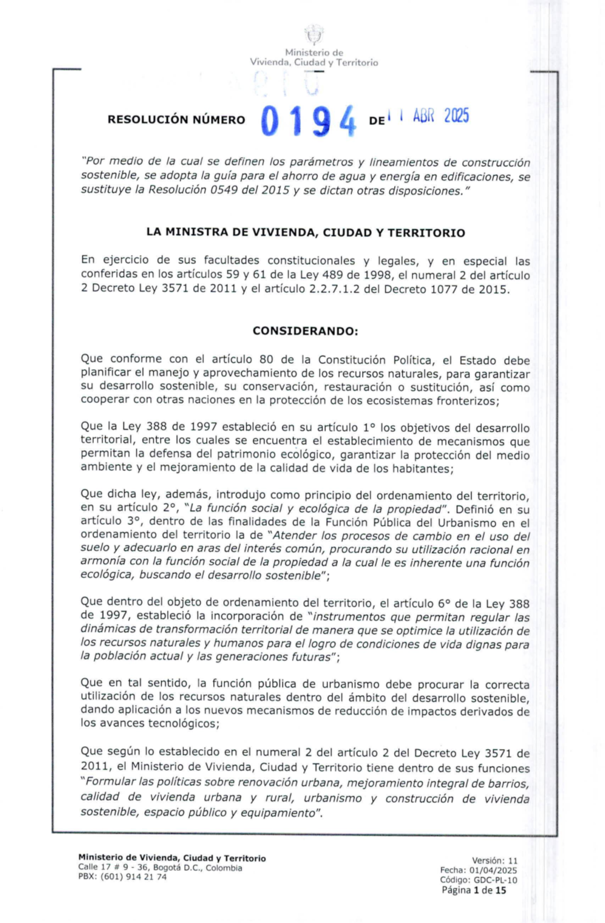Resolución 0194 de 2025: Lineamientos para Construcción Sostenible y ...