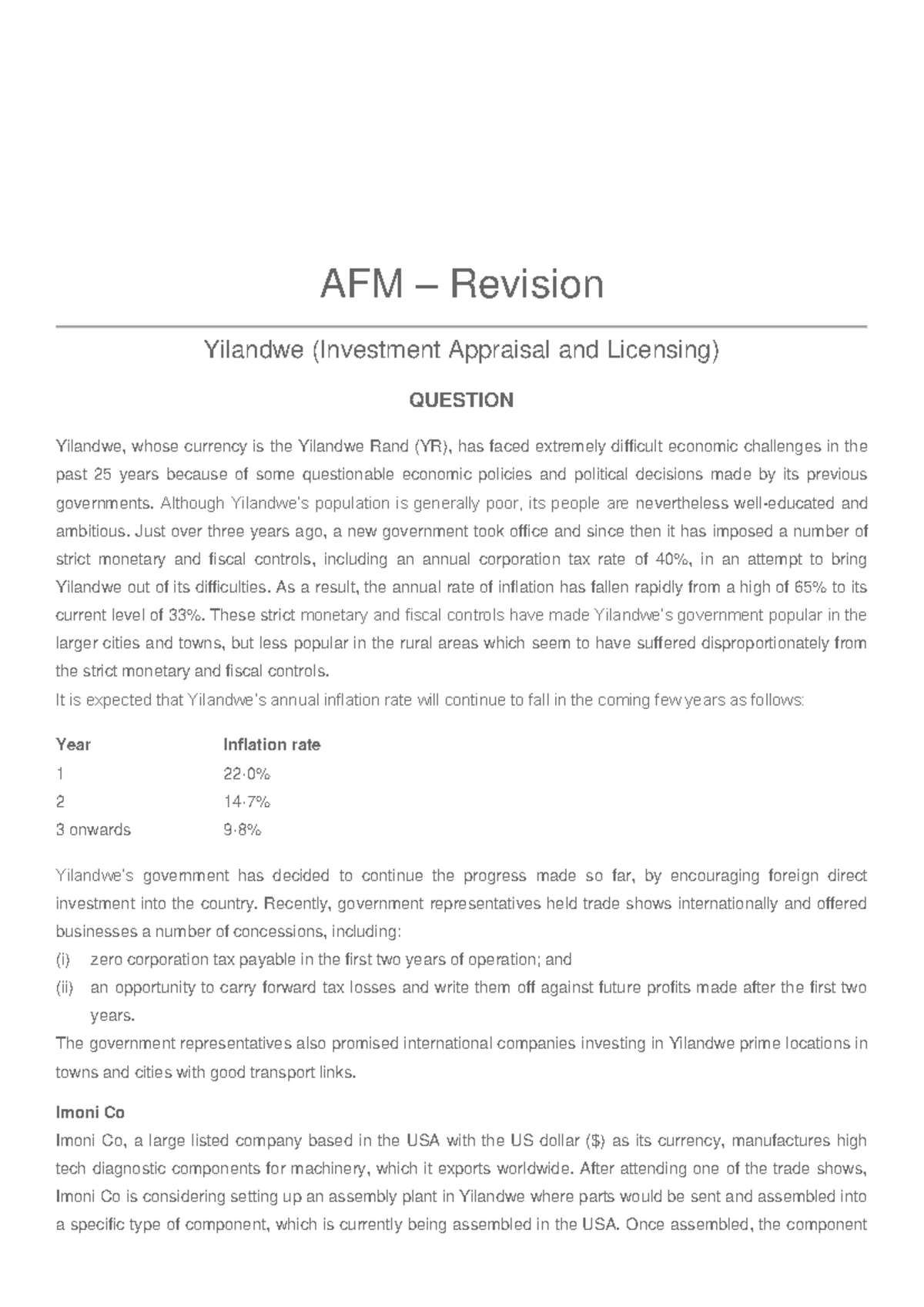 AFM - Yilandwe Investment Appraisal and Assembly Plant Proposal - Studocu