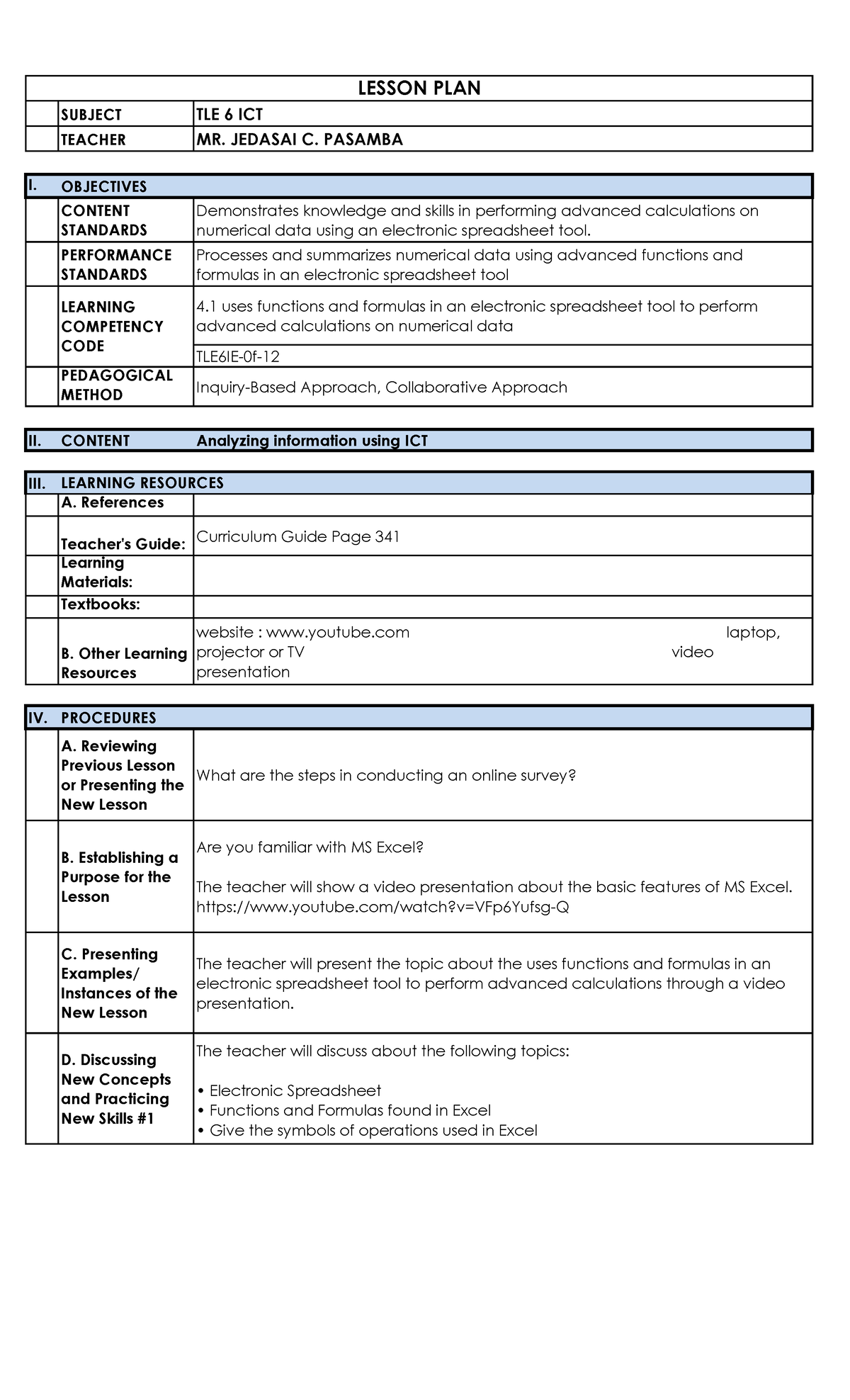 Lesson Plan TLE6ICT: Advanced Spreadsheets with Mr. Jedasai C. Pasamba ...