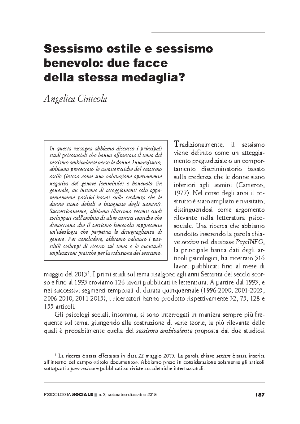 Cinicola-Sessismo ostile e benevolo 2015 PS - Sessismo ostile e ...