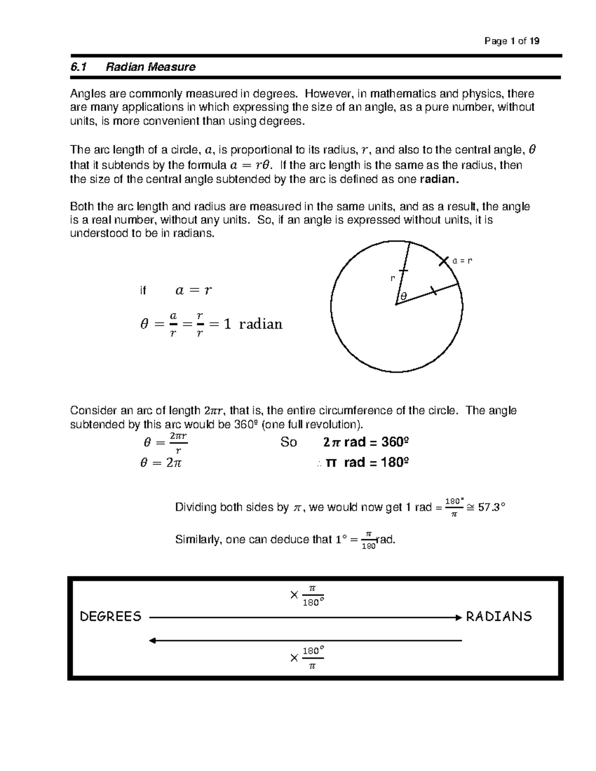 All Lesson handouts - chapter 6 - 6 Radian Measure Angles are commonly ...