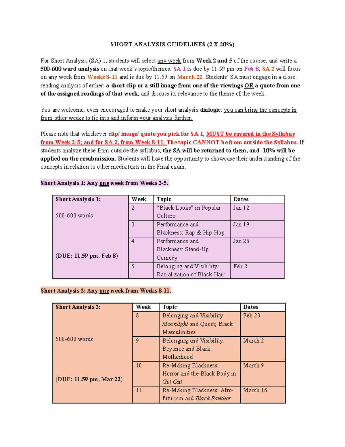 Short Analysis Guidelines (SA 1 & SA 2) for Black Popular Culture - Studocu
