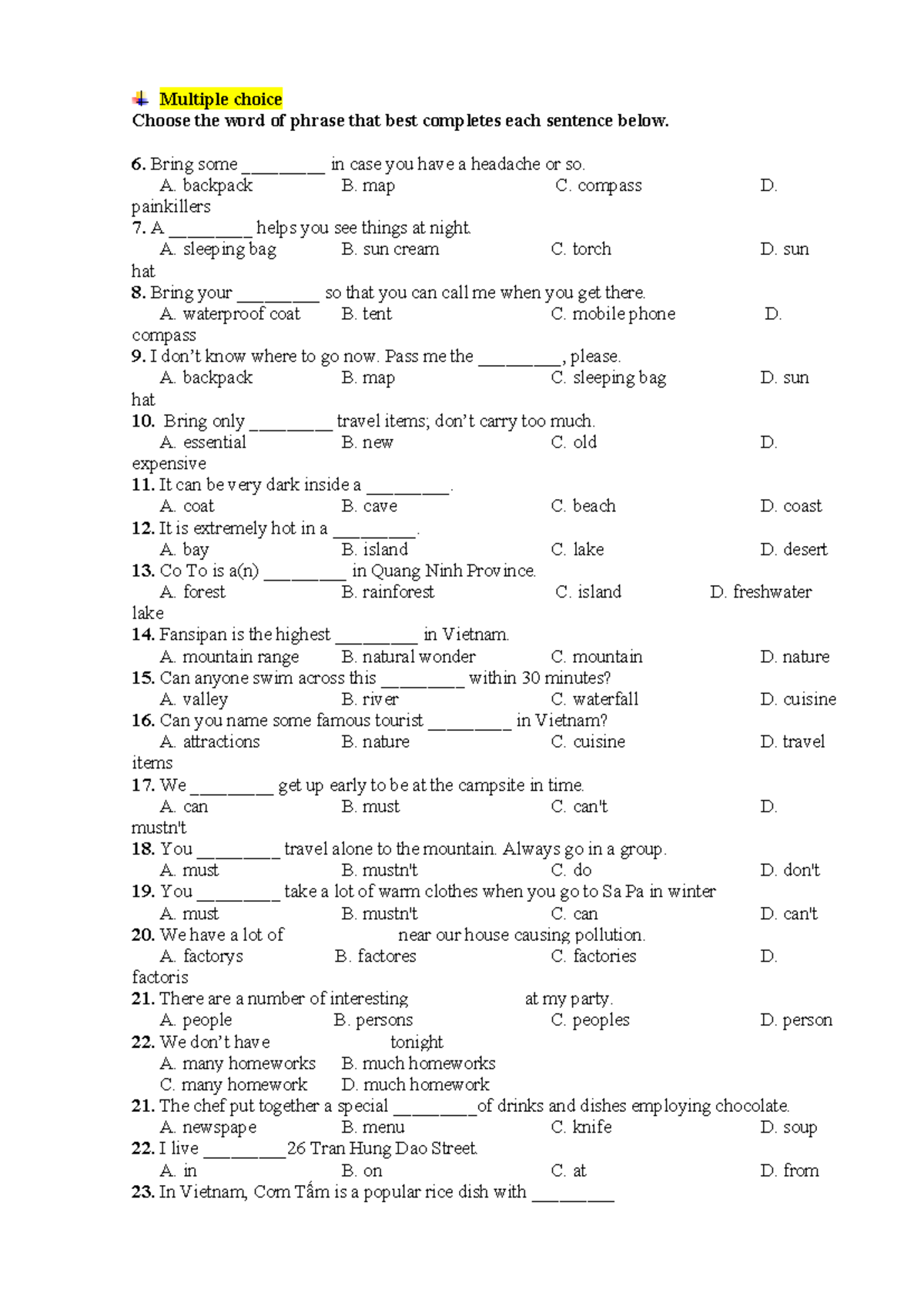 BÀI TẬP UNIT 5 - Multiple Choice Questions for Practice - Studocu