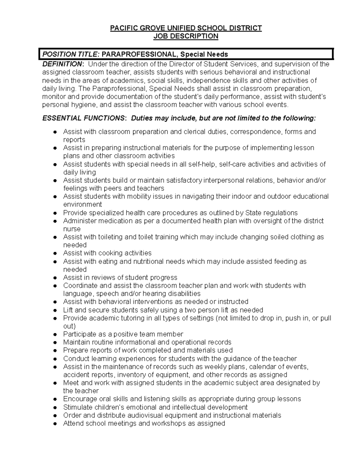 Paraprofessional Special Needs Job Description - PGUSD - Studocu