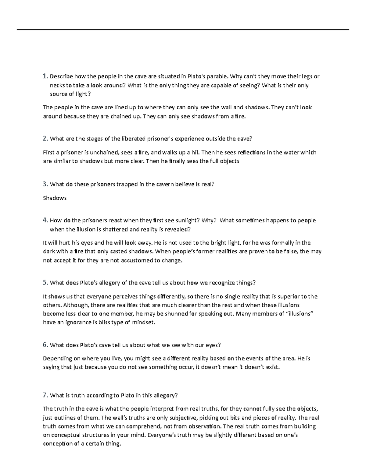 Allegory of the Cave: Reflection Questions and Detailed Answers - Studocu