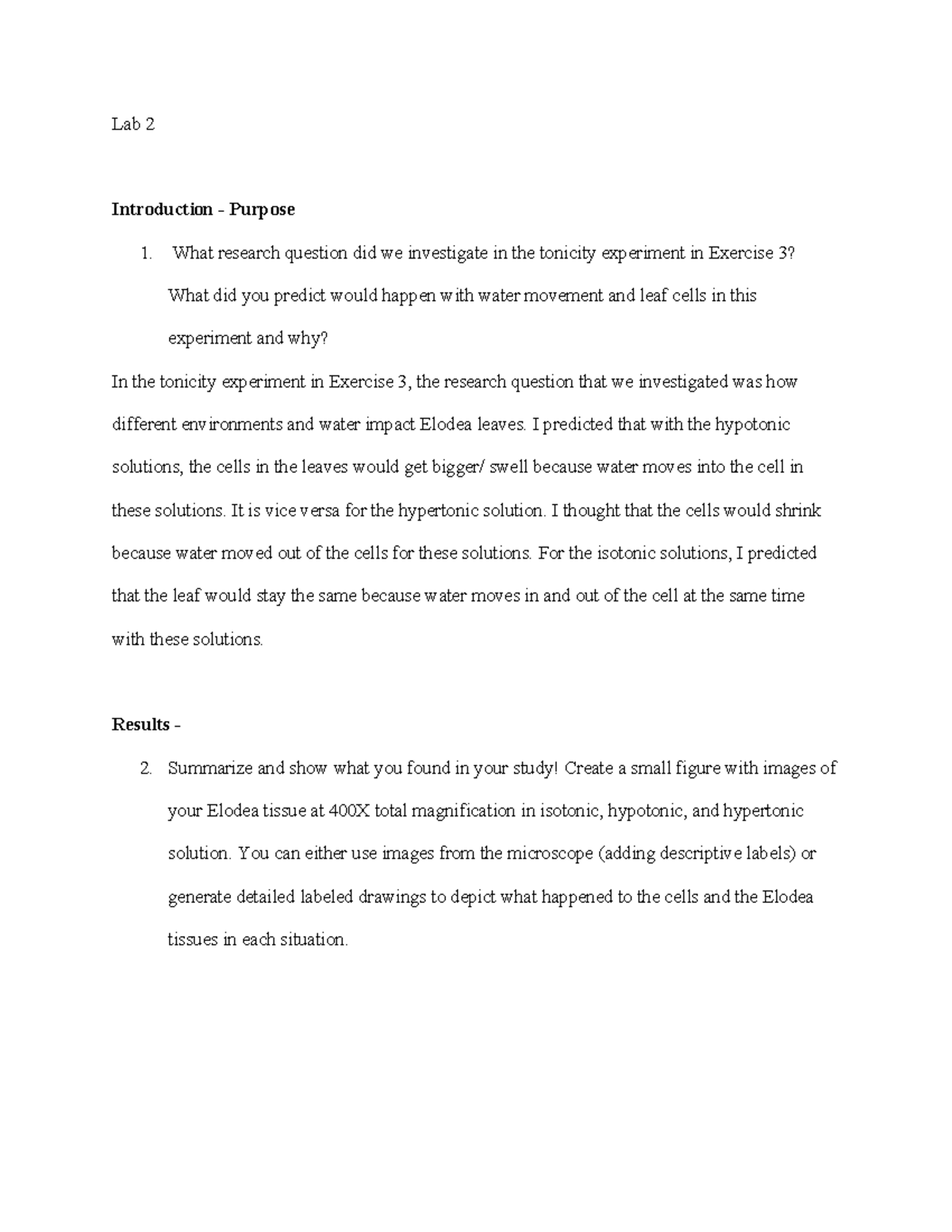 Lab 2 BIOL 1107 - Tonicity Effects on Elodea Leaf Cells - Studocu